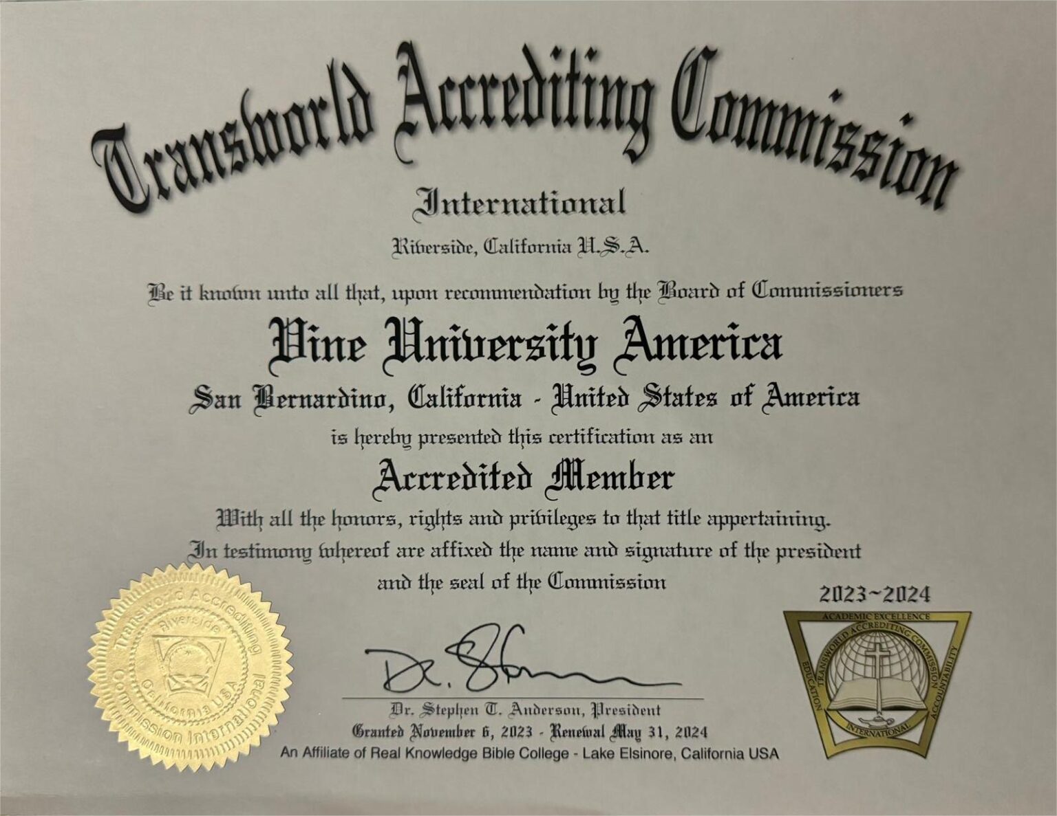 Accreditation - Vine University America